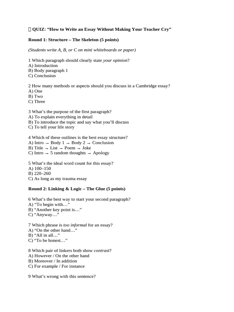 Essay Writing Quiz for Students | PDF