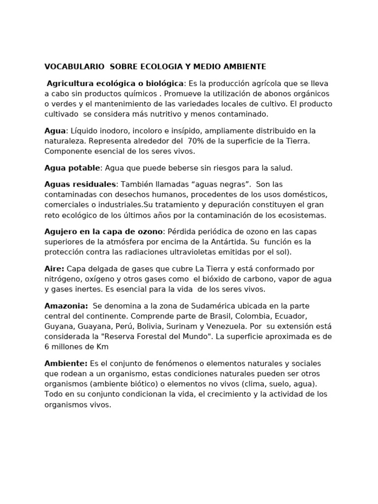 Vocabulario Sobre Ecologia y Medio Ambiente | PDF | Contaminación | Agua