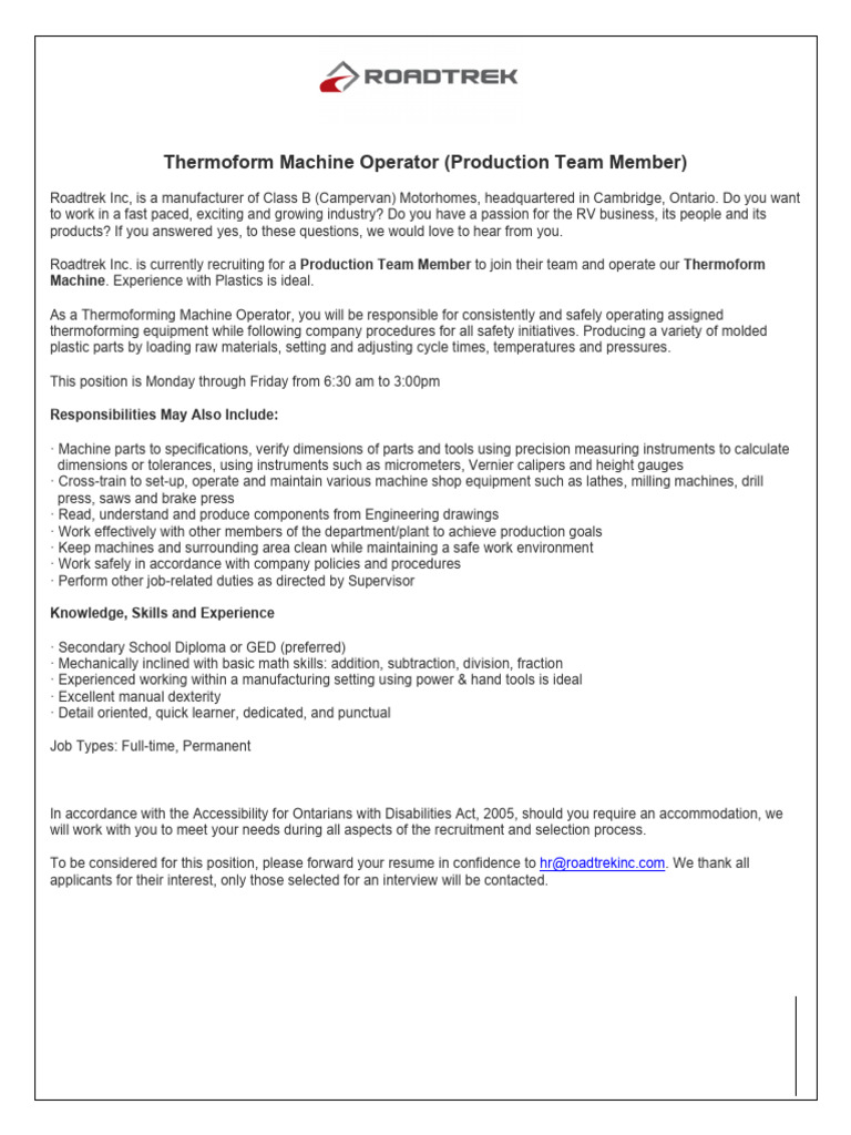 Thermoform Machine Operator Job Description | PDF | Secondary Sector Of ...