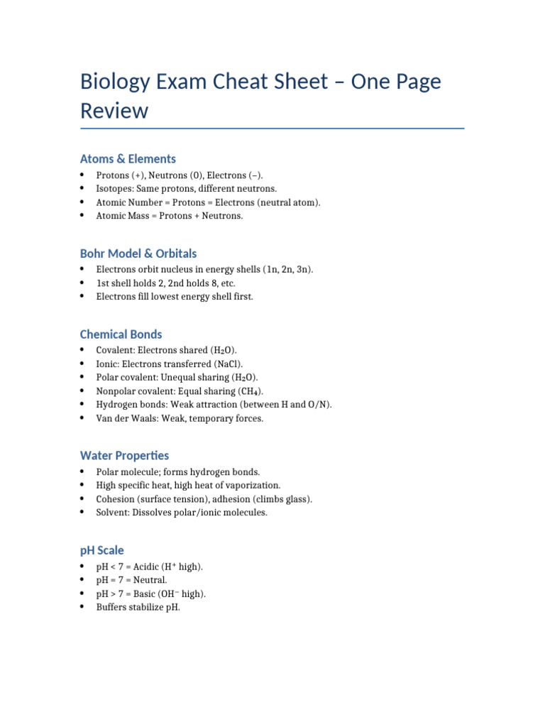 Biology Exam Cheat Sheet Overview | PDF | Biology | Chemical Bond