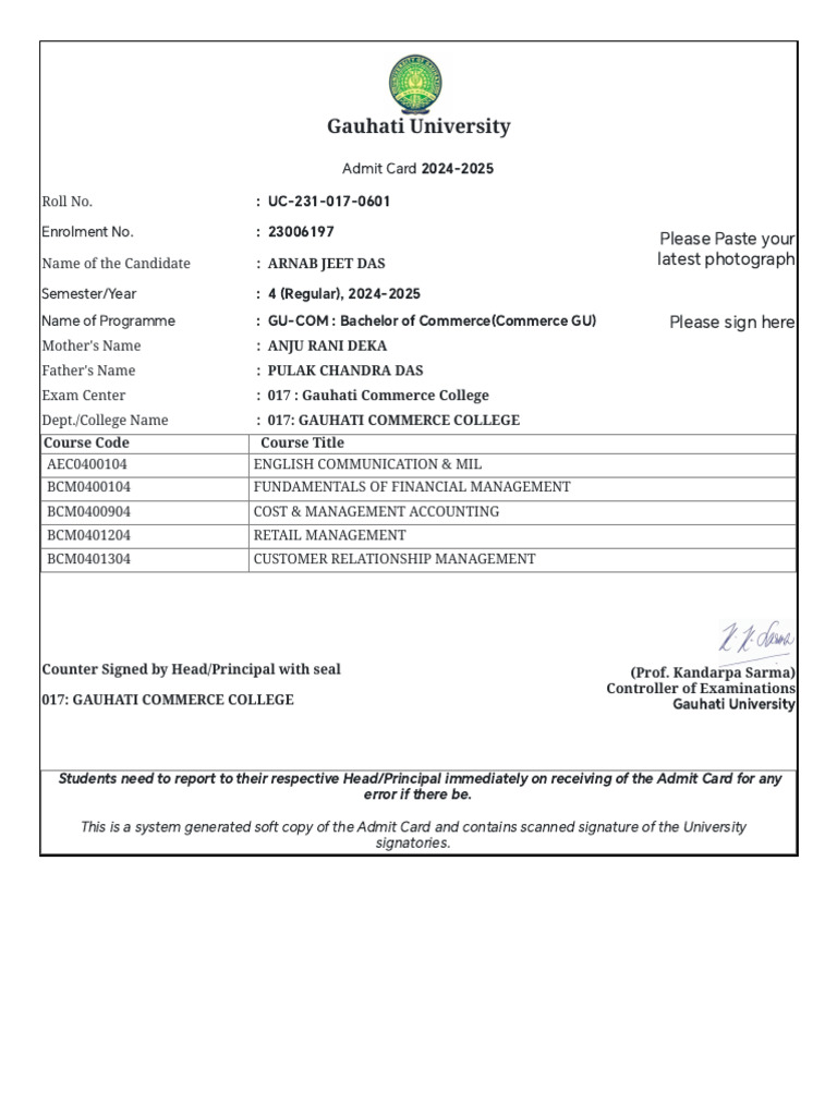 4th Sem Admit Card | PDF
