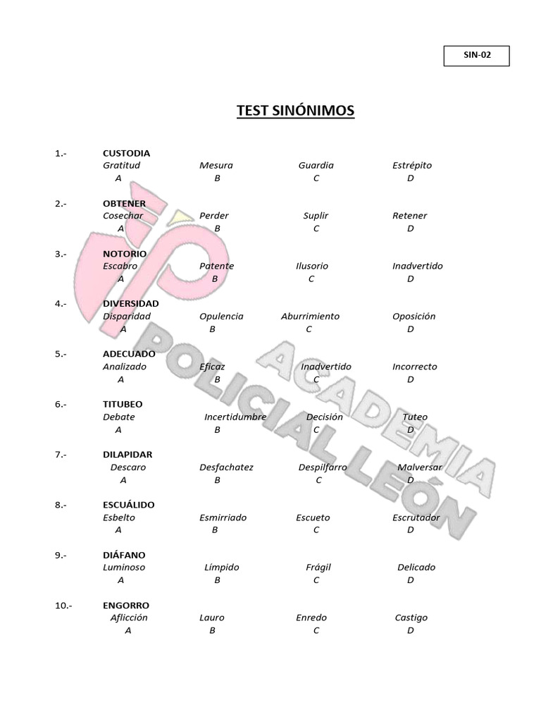 Test de Sinónimos para Práctica Lexical | PDF