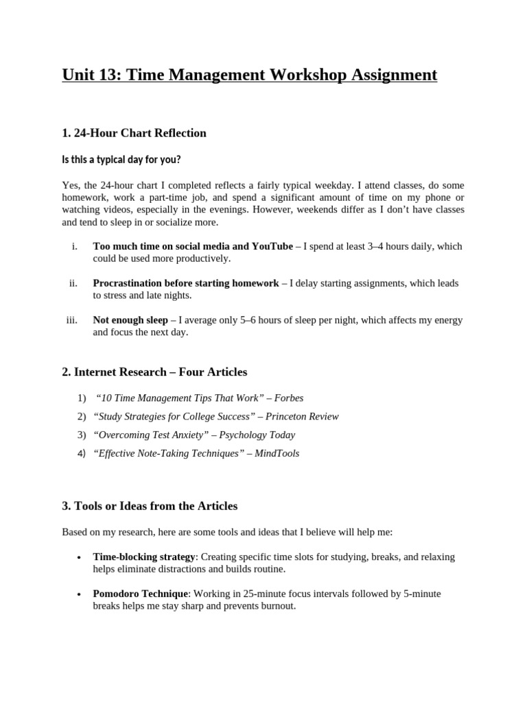 Unit 13 - Time Management Workshop 13-4 - Assignment | PDF | Time ...