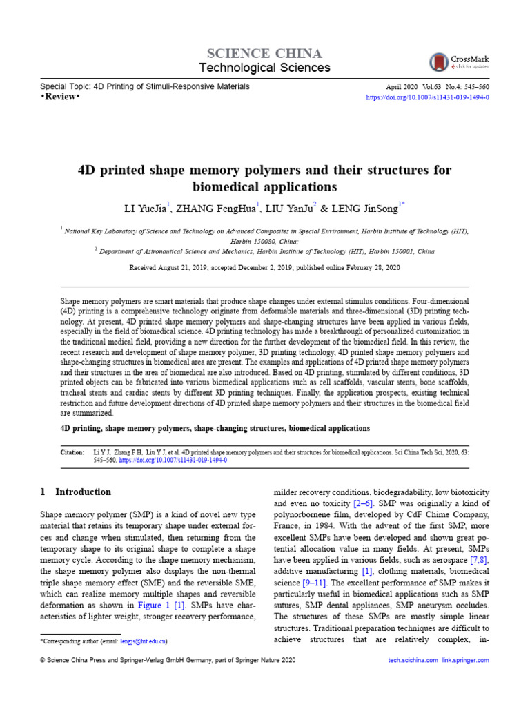 4D Printing of Shape Memory Polymers | PDF | Tissue Engineering | Shape ...