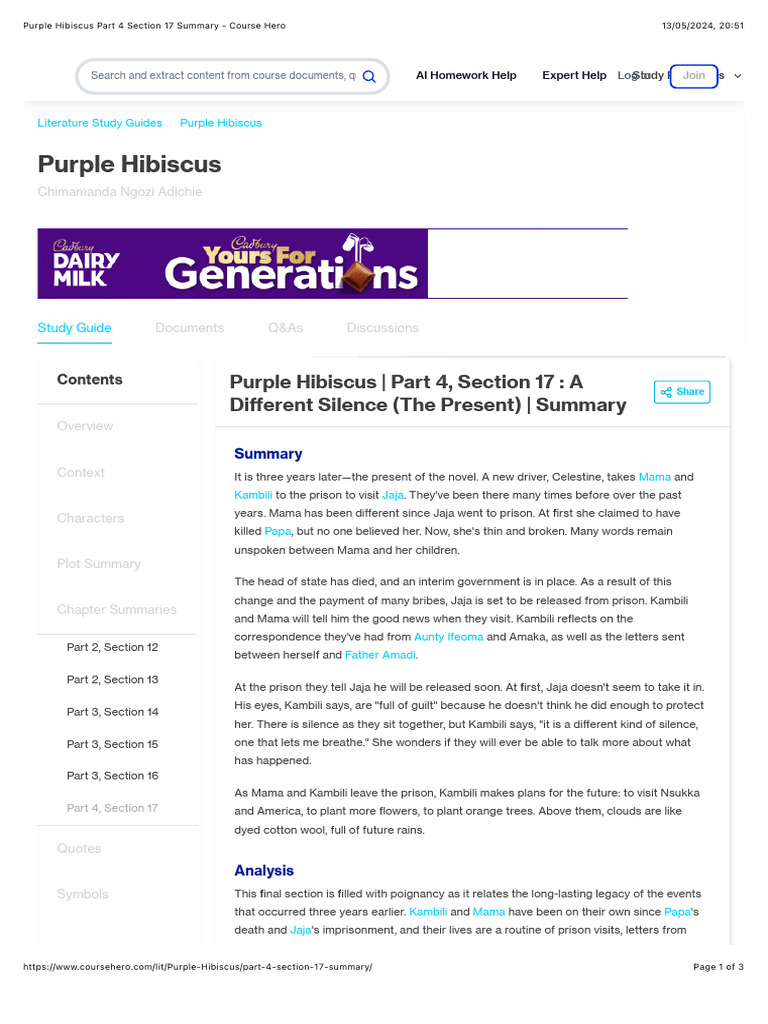 Chapter 17 Summary of Purple Hibiscus | PDF