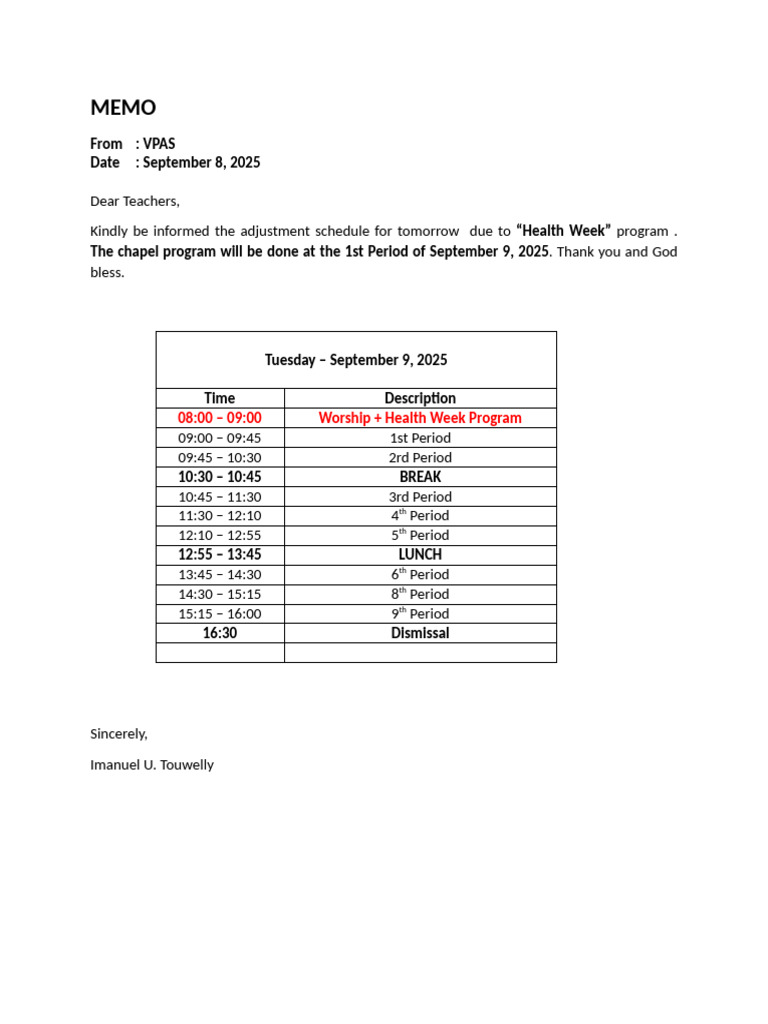 Adjusted Schedule - Health Week - Sept 9, 2025 | PDF