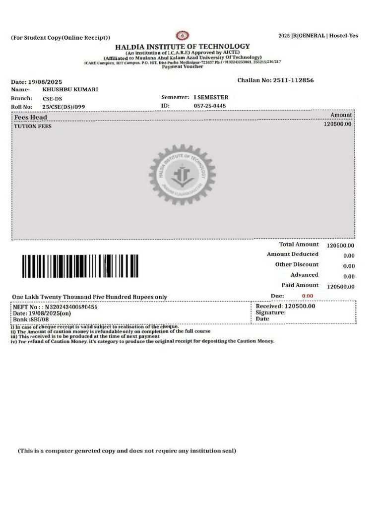 Khushbu Fee Receipt | PDF