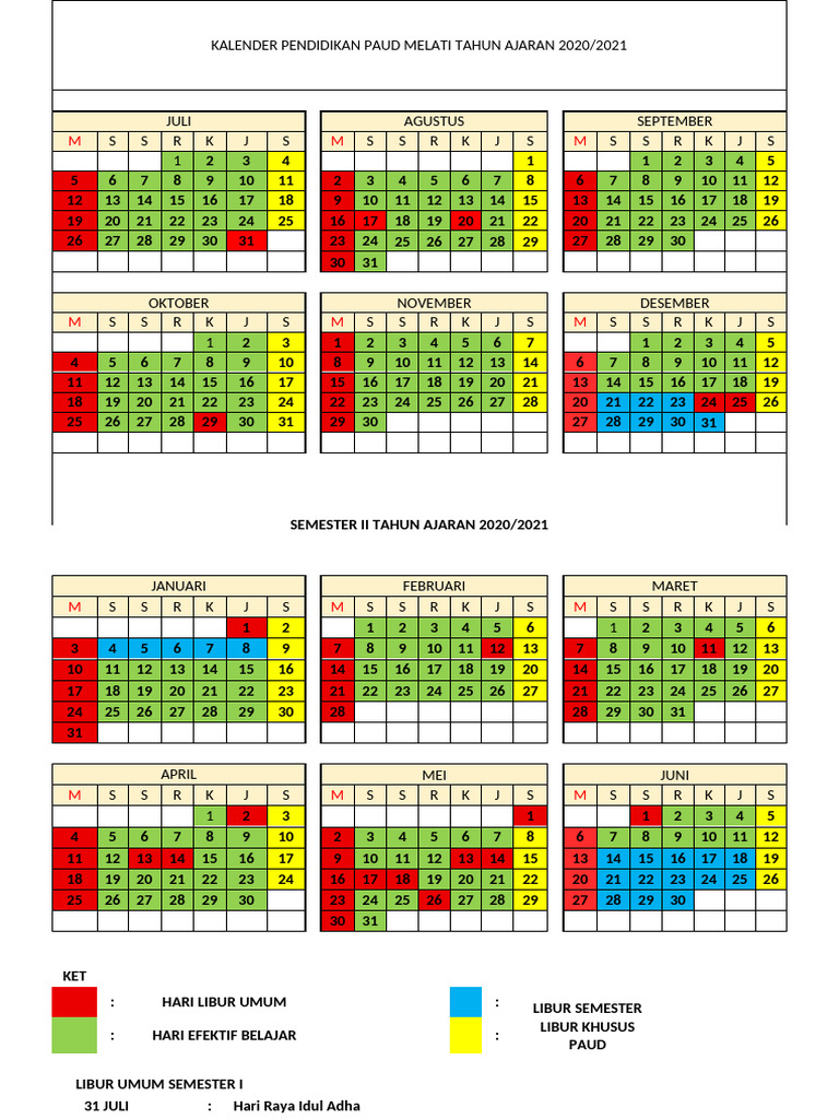 Kalender Pendidikan Paud Melati Tahun Ajaran 2020 | PDF
