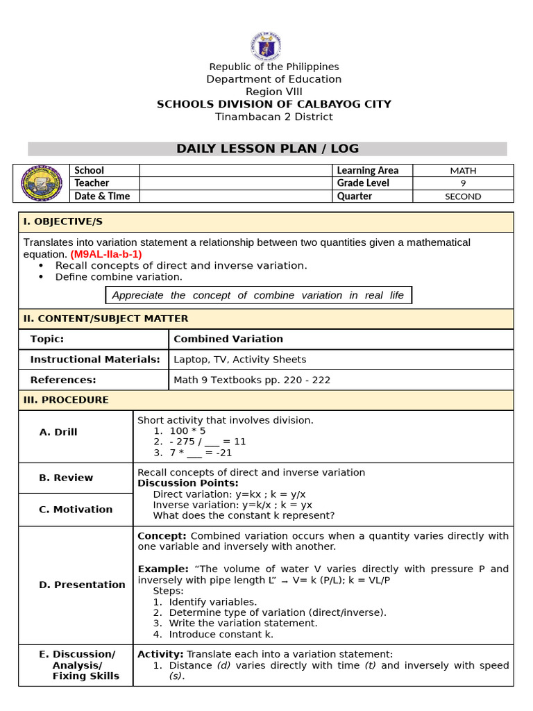 Grade 9 Math Combined Variation Lesson Plan | PDF | Variable ...