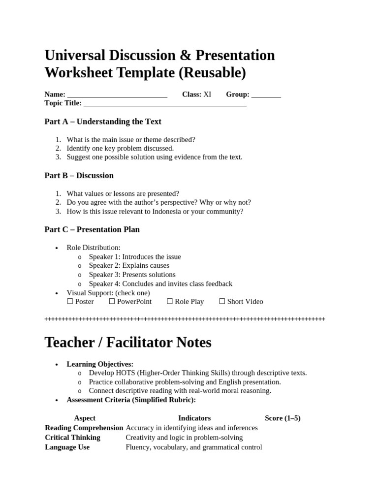 Discussion & Presentation Template for Grade XI | PDF | Reading ...