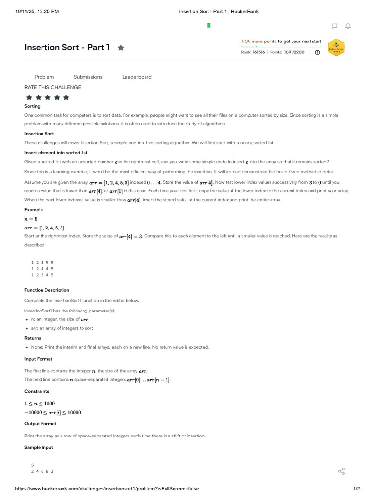 Insertion Sort - Part 1 - HackerRank | PDF | Algorithms | Software Engineering