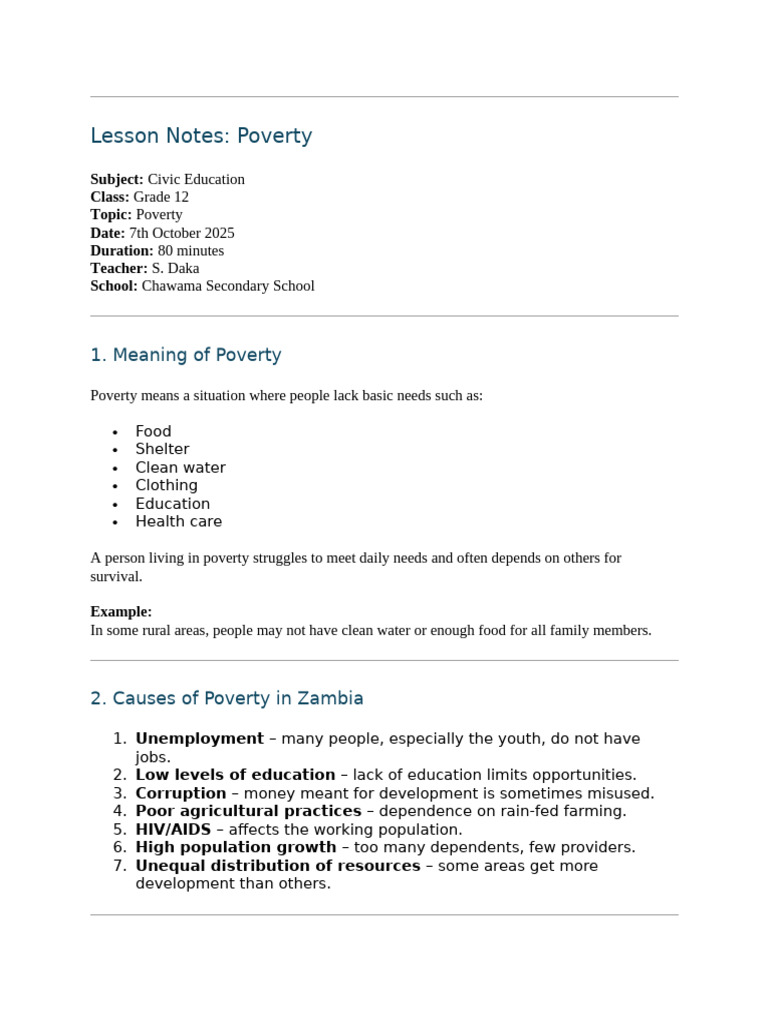 Lesson Notes Poverty 12D | PDF | Poverty | Poverty & Homelessness