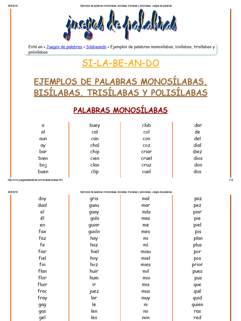 Ejemplos de Palabras Monosílabas, Bisílabas, Trisílabas y Polisílabas | PDF