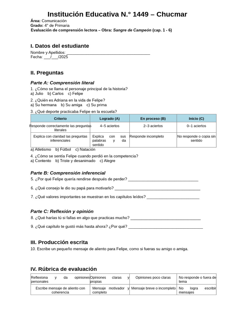 Evaluacion Sangre de Campeon Cap6-1 | PDF