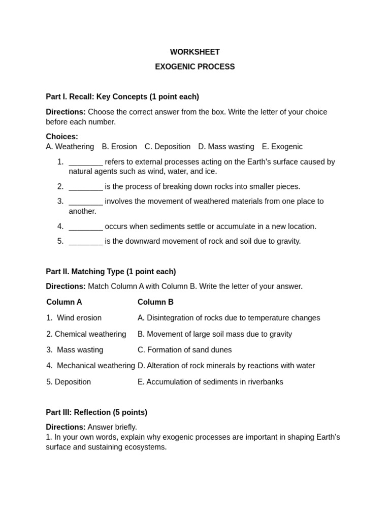 Worksheet Es Exogenic Process | PDF