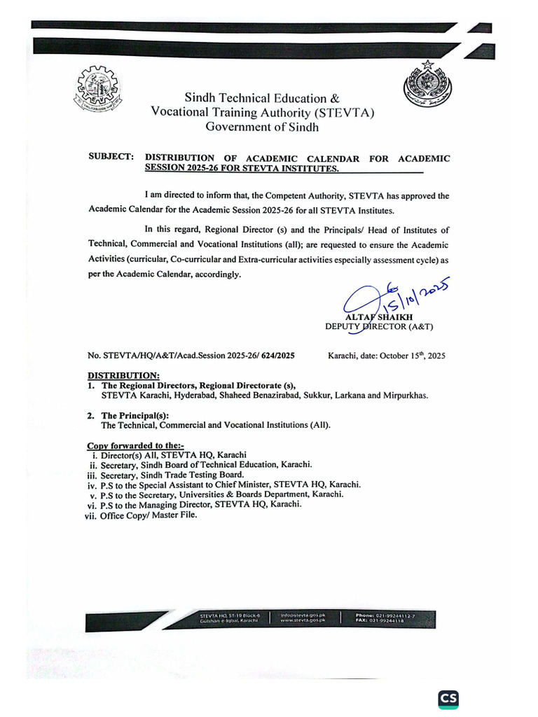 Letter - STEVTA Academic Calendar For Academic Session 2025-26 | PDF