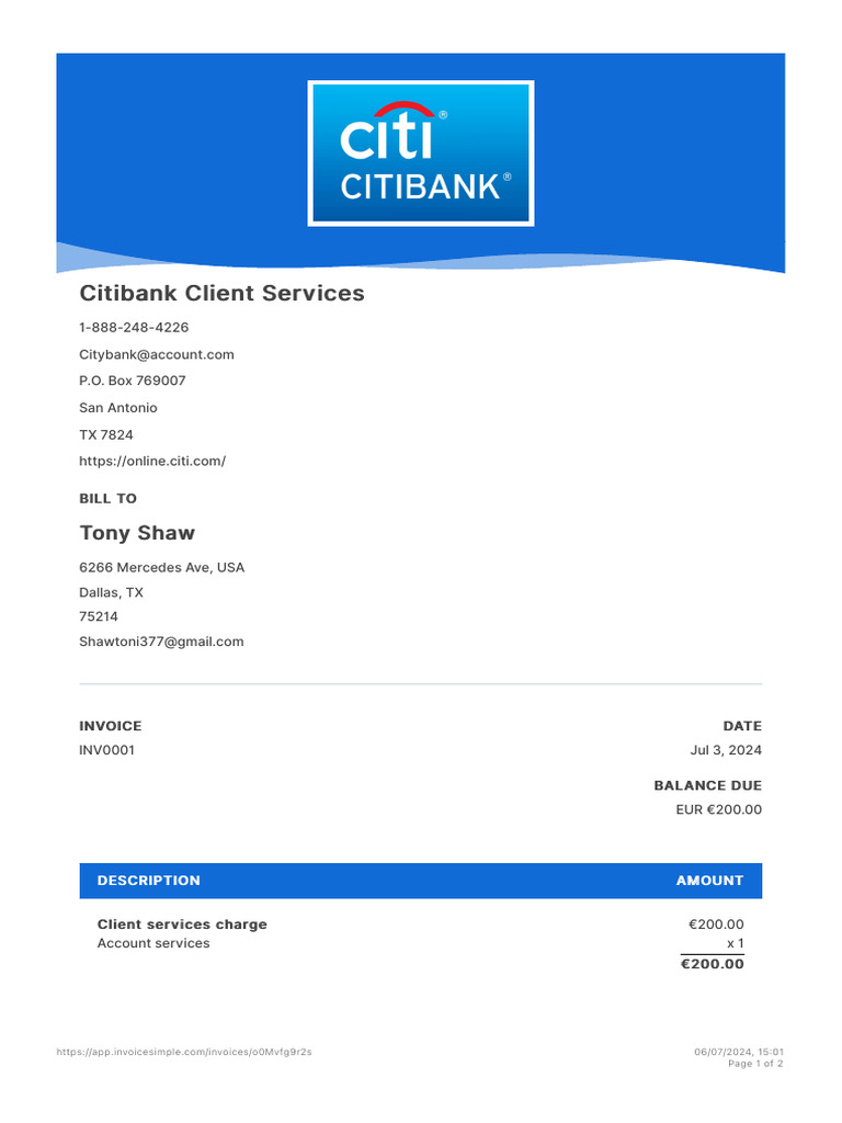 Citibank Client Services Invoice Details | PDF