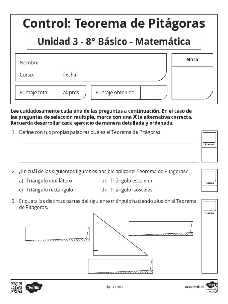 Evaluación del Teorema de Pitágoras 8° Básico | PDF | Triángulo ...