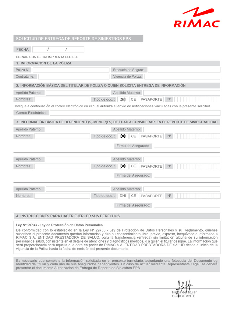 Solicitud de Reporte de Siniestros - RIMAC EPS (1) - F | PDF | Póliza ...