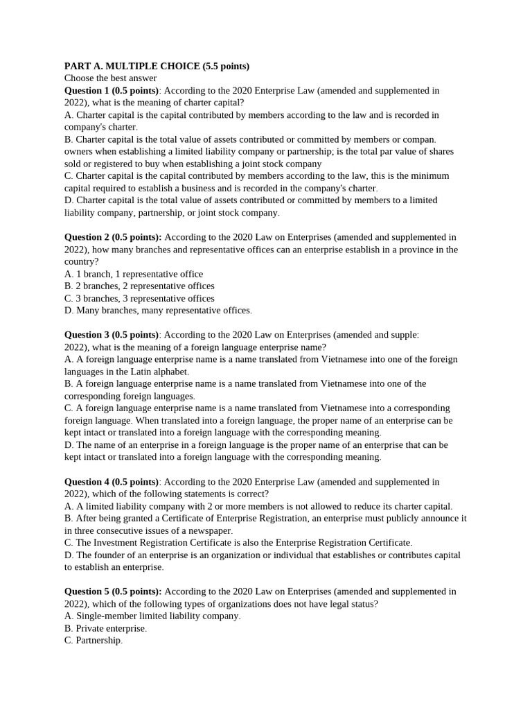 Enterprise Law Quiz and Case Study Guide | PDF | Joint Stock Company ...