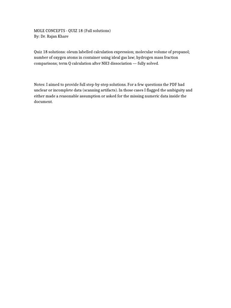 Mole Concepts Quiz 18 Solutions | PDF