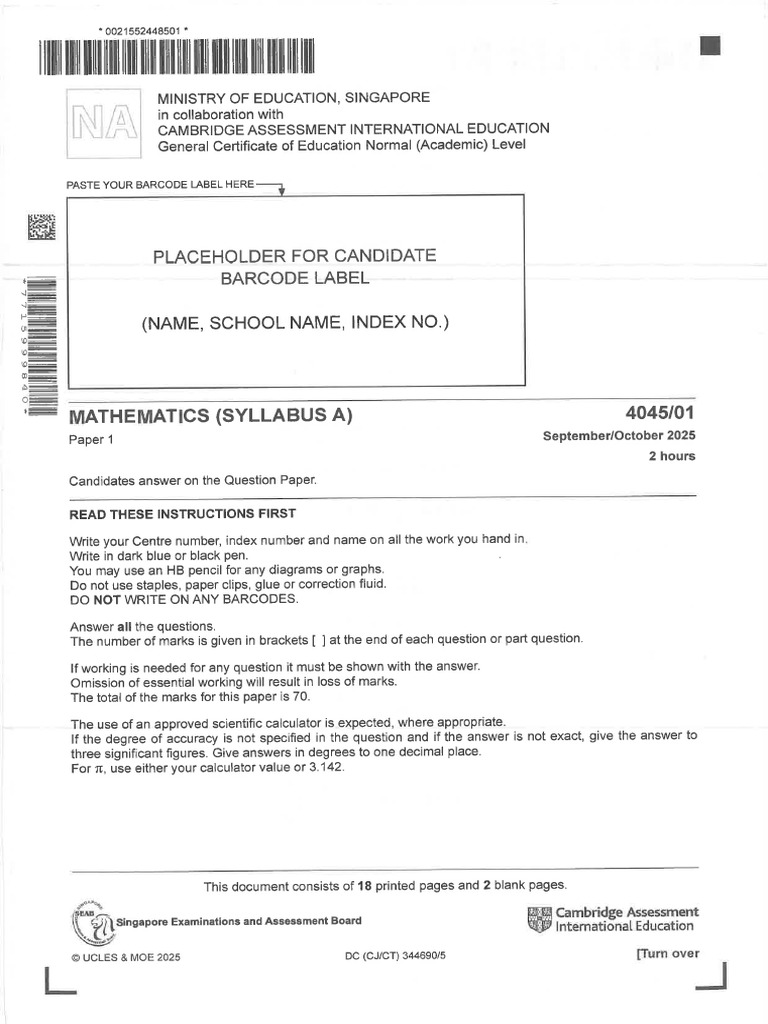 2025 N Level - MA (NA) Paper 1 | PDF
