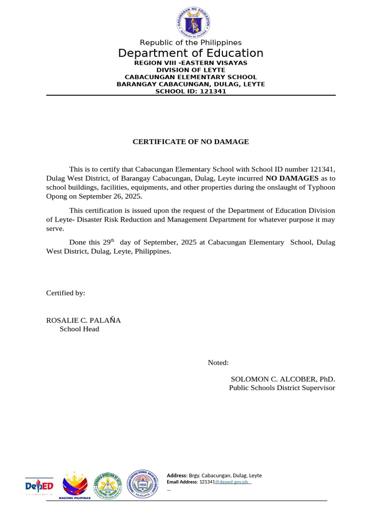 Certificate of No Damage - Cabacungan ES | PDF