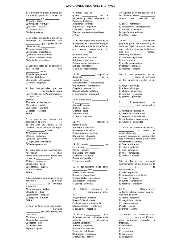 Oraciones Incompletas para Primer Grado | PDF