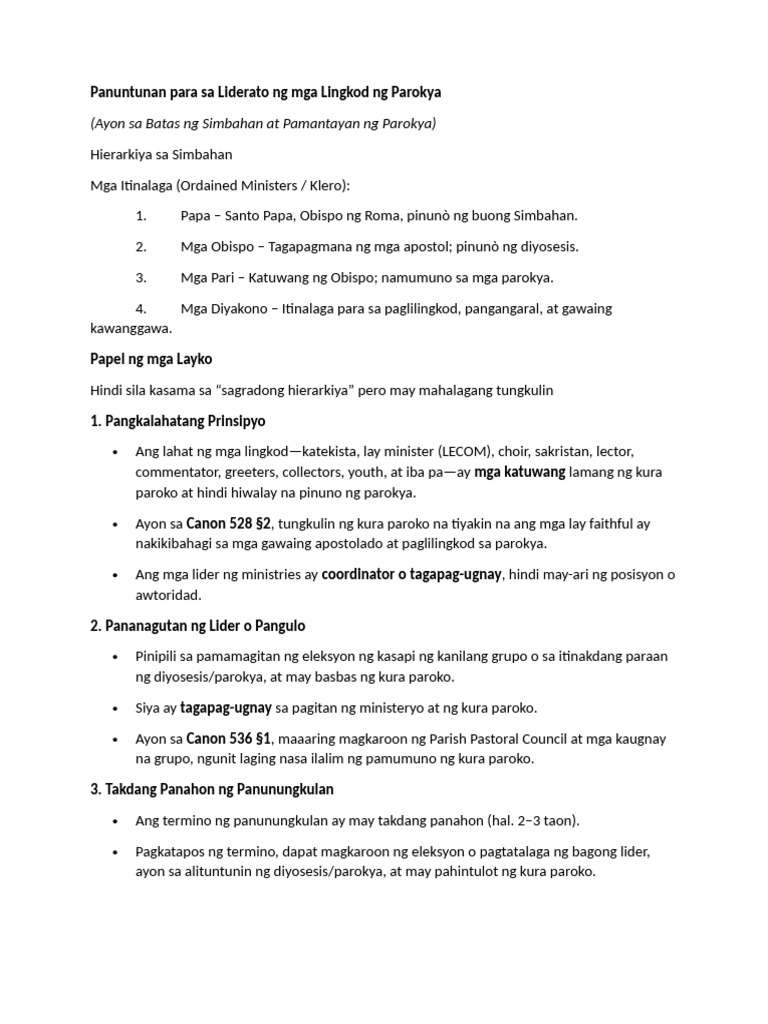 Panuntunan para Sa Liderato NG Mga Lingkod NG Parokya | PDF