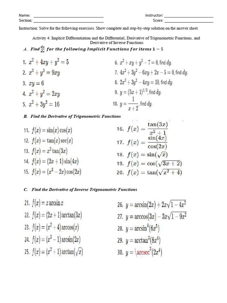 Activity 4 Implicit Differentiation and Differential Derivatives of ...
