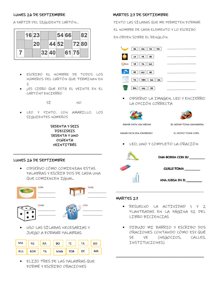 Tareas para Cada Del 26 de Septiembre Al 6 de Octubre | PDF