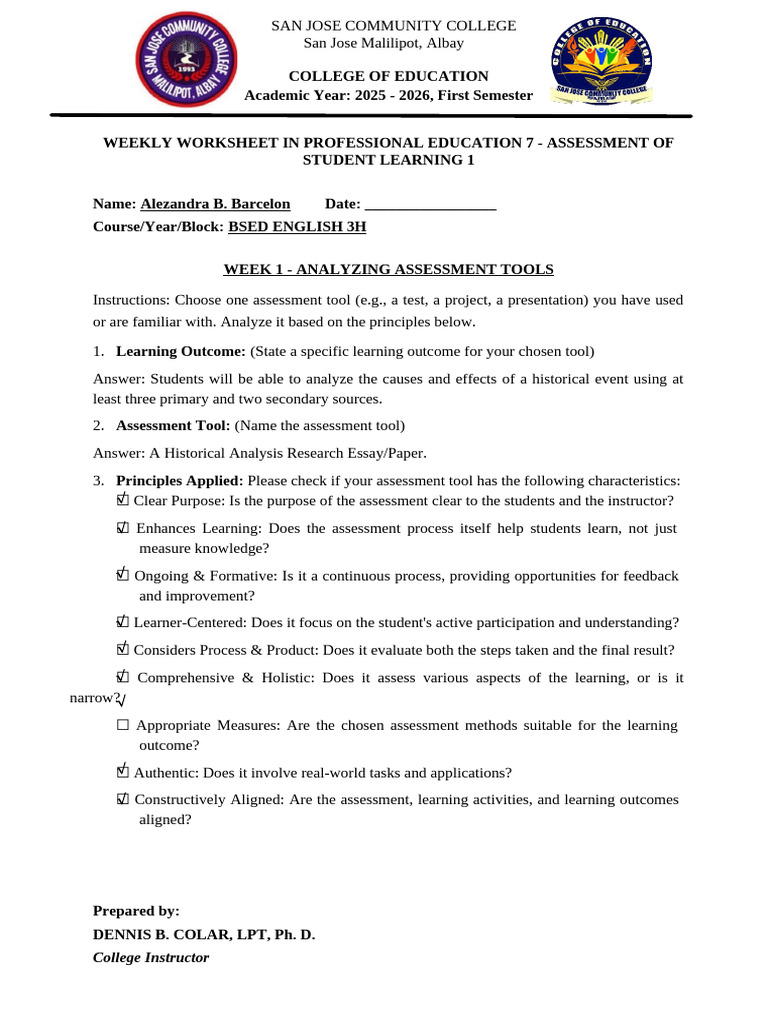 Week 1 Worksheet in Assessment of Learningsjcc | PDF