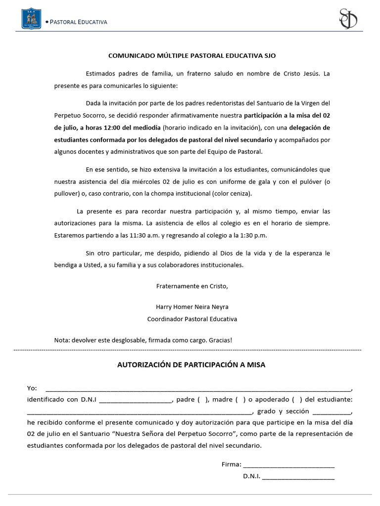 Comunicado Pastoral Educativa, Participación A Misa | PDF | María ...