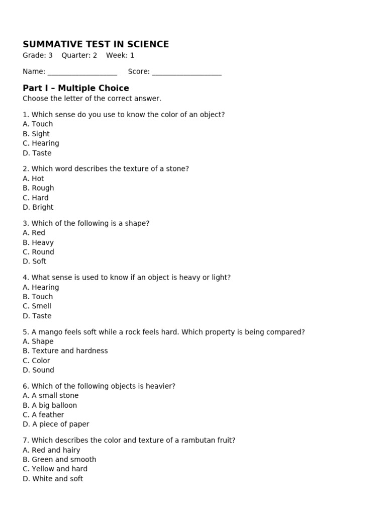 Grade 3 Science Summative Test | PDF