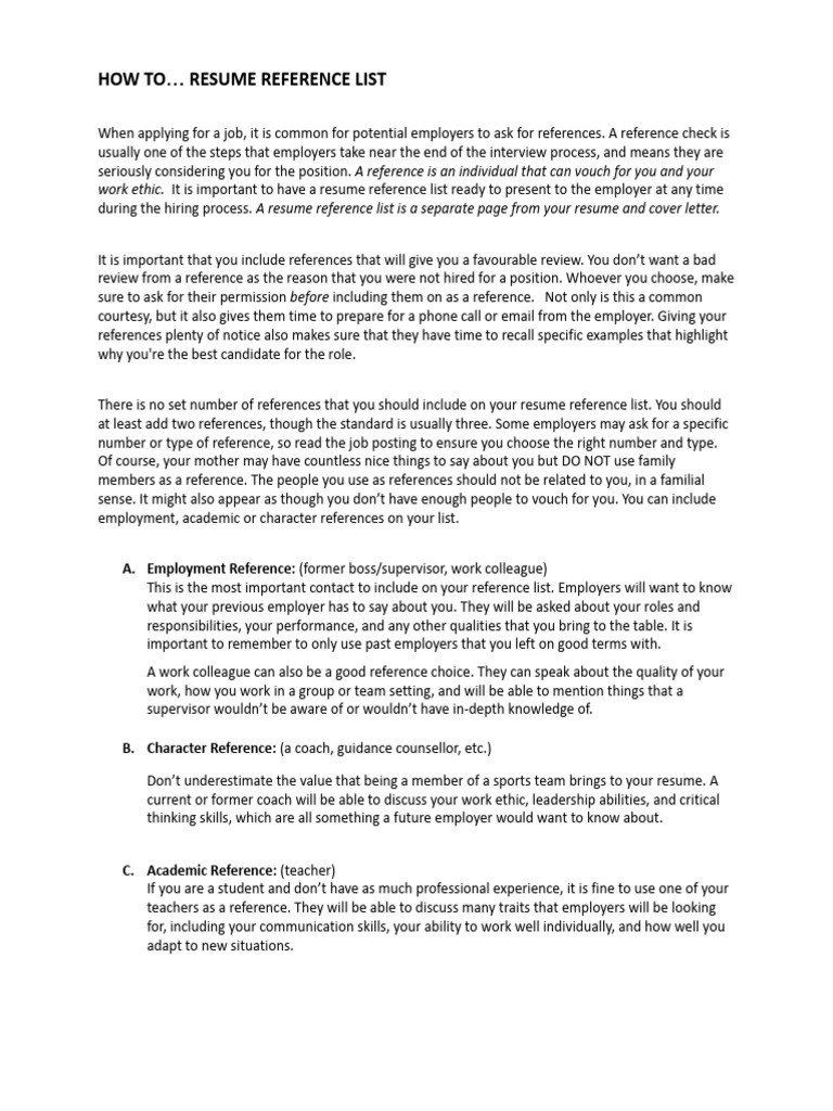 Resume Reference List Guide | PDF | Résumé