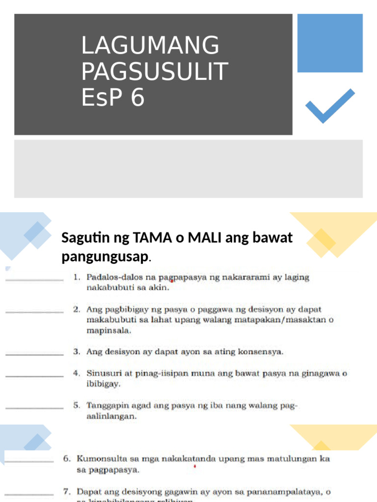 EsP 6 Summative Test 1 | PDF