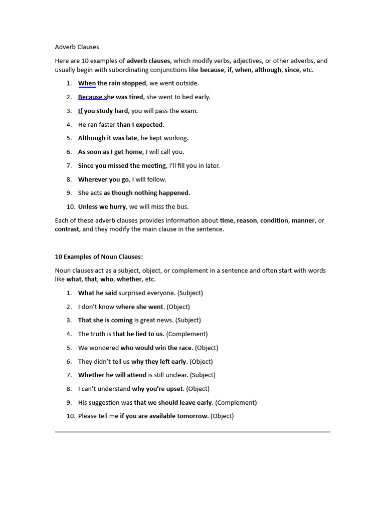 Adverb Adjective and Noun Clauses | PDF | Subject (Grammar) | Adverb