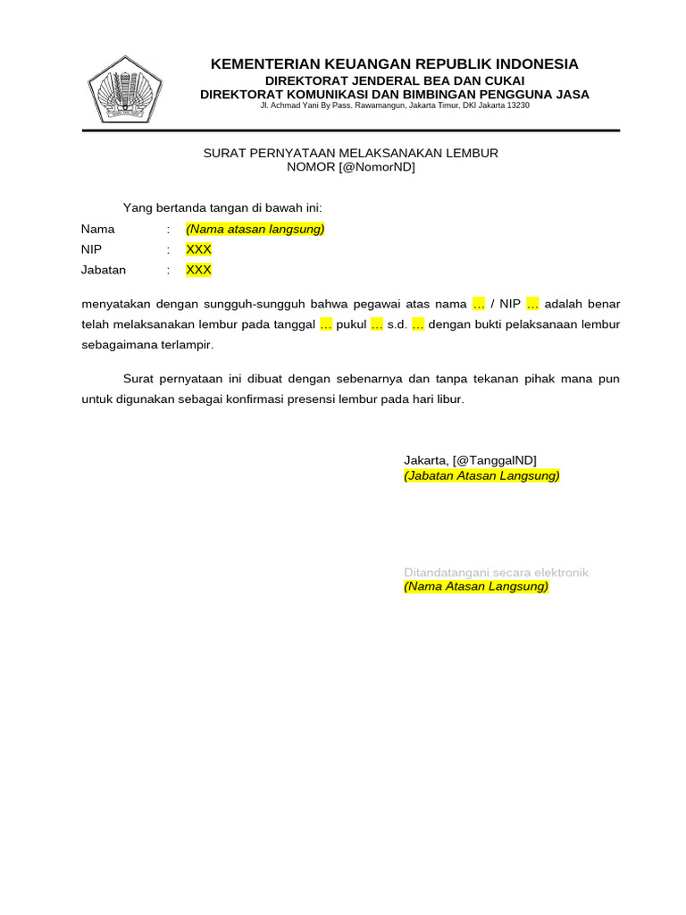 Surat Pernyataan Melaksanakan Lembur | PDF