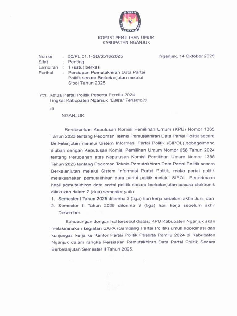 Persiapan Pemutakhiran Data Partai Politik Melalui Sipol TH 2025 | PDF