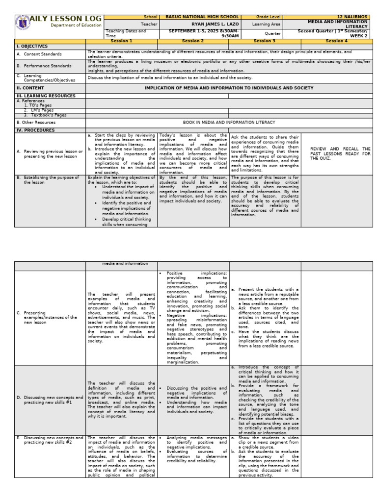 Media Literacy Lesson Plan for Grade 12 | PDF | Critical Thinking | Thought