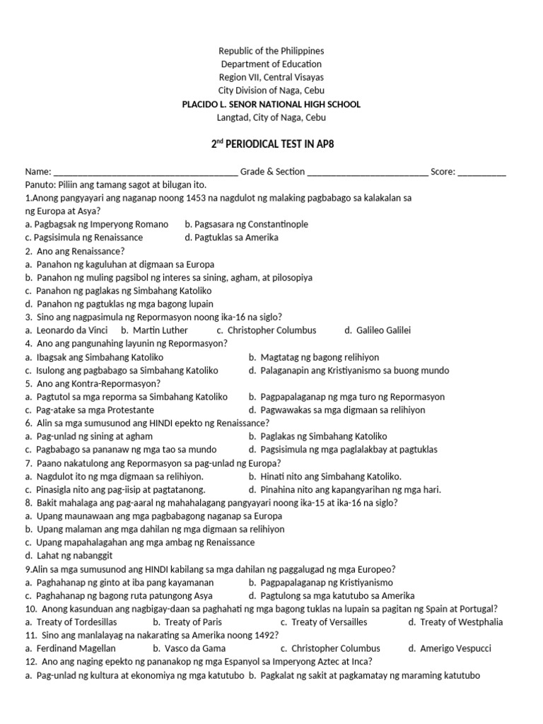 AP 8 Q2 TEST Final | PDF