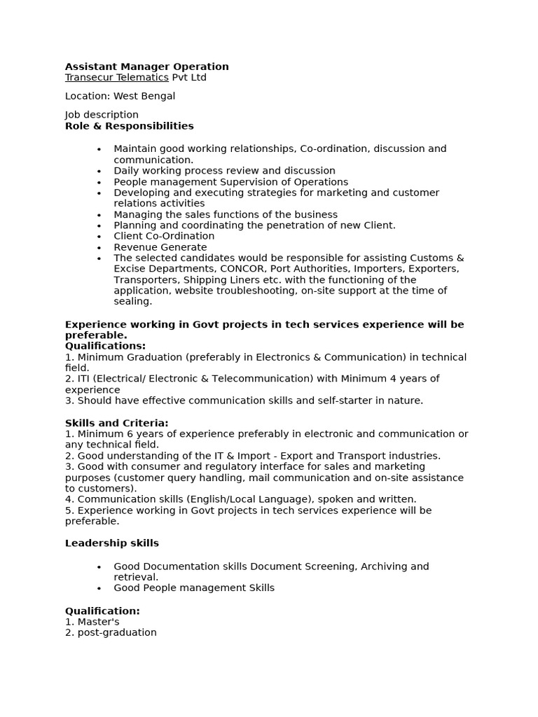 Job Description - Assistant Manager Operation | PDF