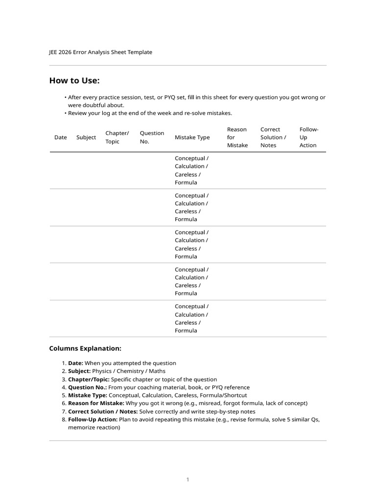 JEE 2026 Error Analysis Template | PDF | Chess Theory | Chess