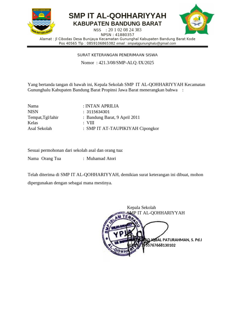 Surat Diterima Intan | PDF