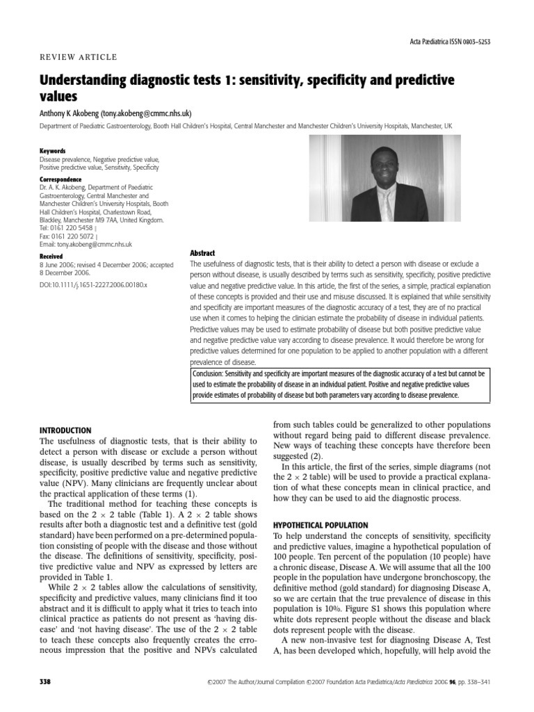 Understanding Diagnostic Tests 1: Sensitivity, Specificity and ...