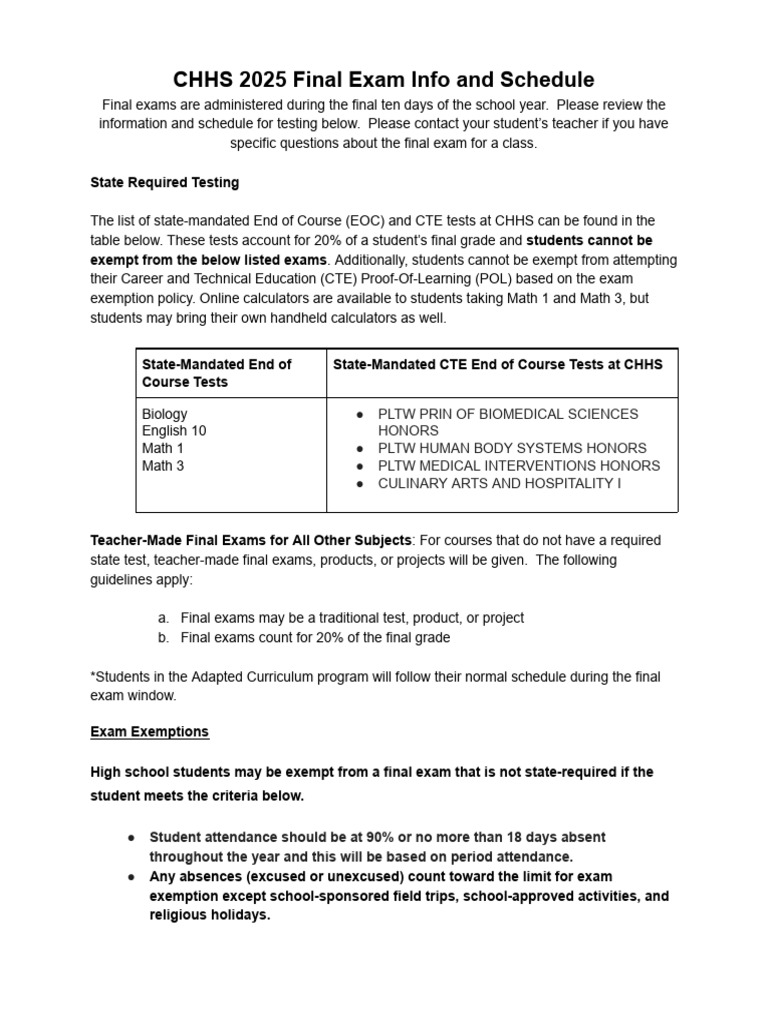 CHHS 2025 Final Exam Schedule | PDF | Educational Stages | Educational ...