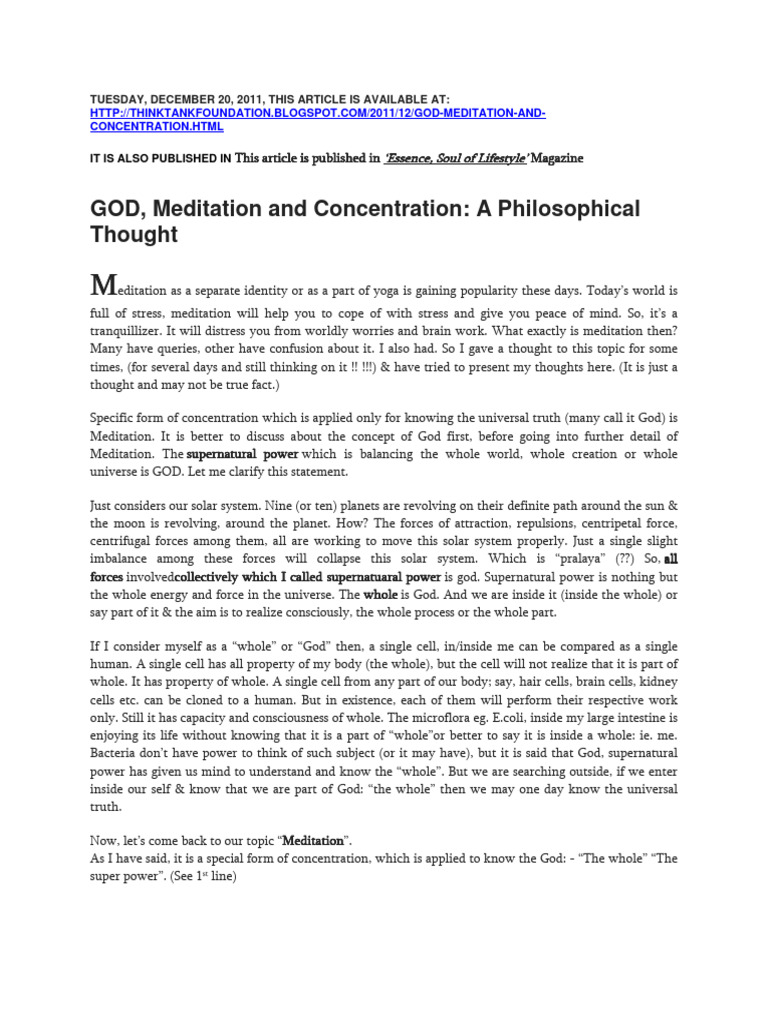 God, Meditation, and Concentration Explained | PDF | Meditation | Thought