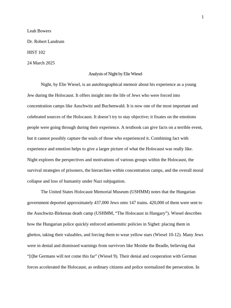Night Analysis Elie Wiesel | PDF | The Holocaust | German War Crimes