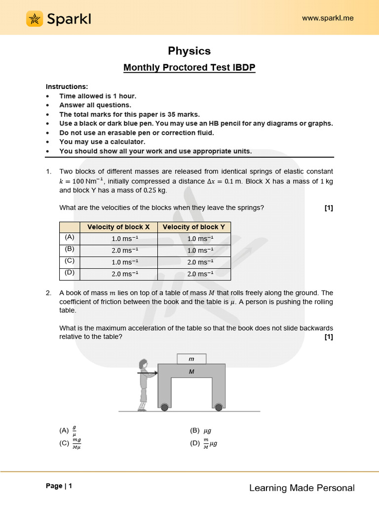 IBDP Physics Monthly Test Questions | PDF | Force | Mass