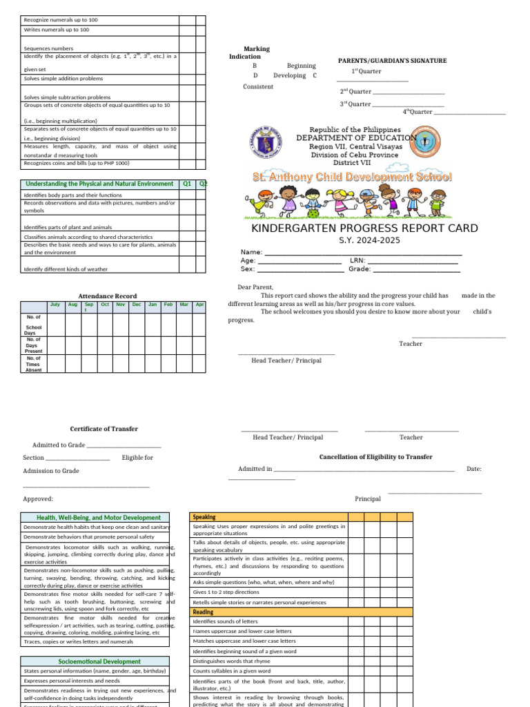 Kindergarten Progress Report Card | PDF | Cognitive Science | Learning